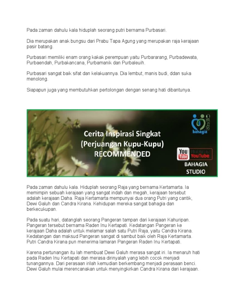 Pada Zaman Dahulu Kala Hiduplah Seorang Putri Bernama Purbasari | PDF