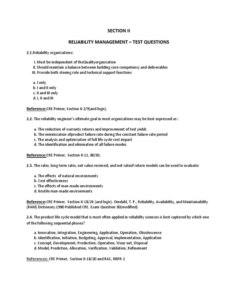 Section Ii Reliability Management - Test Questions: Reference | PDF ...