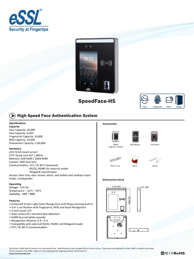 Speedface-H5: Hi GH Speed Face Aut Hent I Cat I On Syst em | PDF ...
