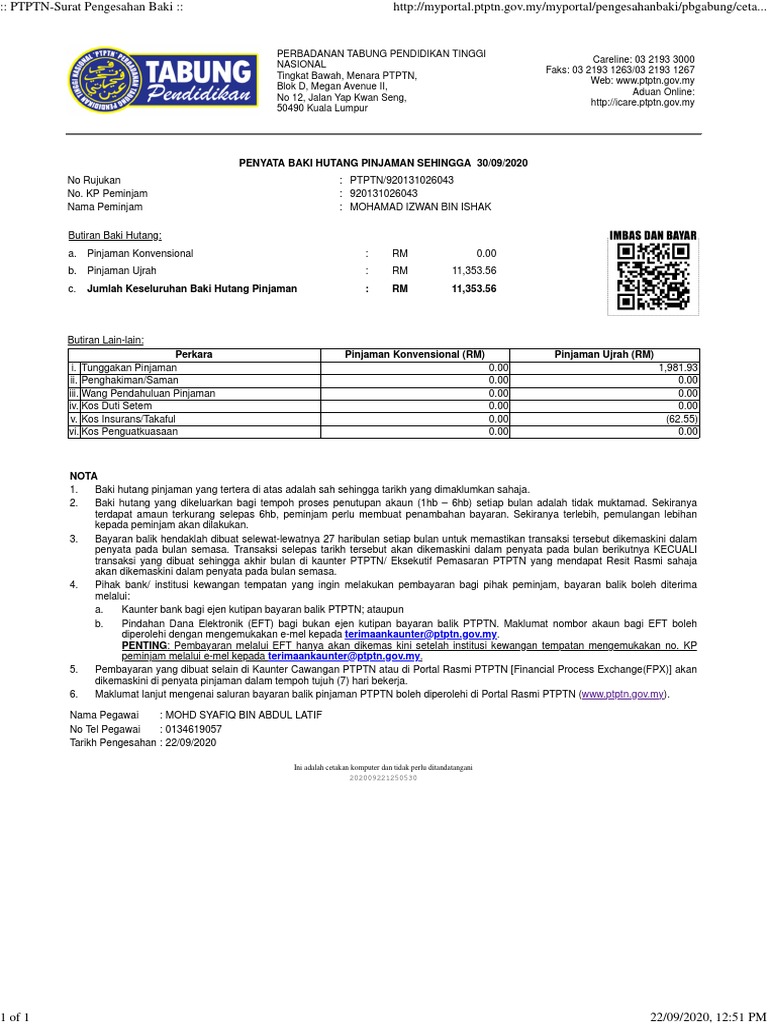 PTPTN-Surat Pengesahan Baki - (920131026043) | PDF