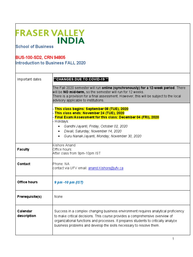 BUS 100 Course Outline | PDF | Turnitin | Academic Dishonesty