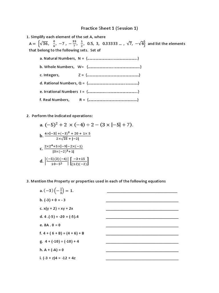 Math Practice Sheet: Sets and Operations | PDF