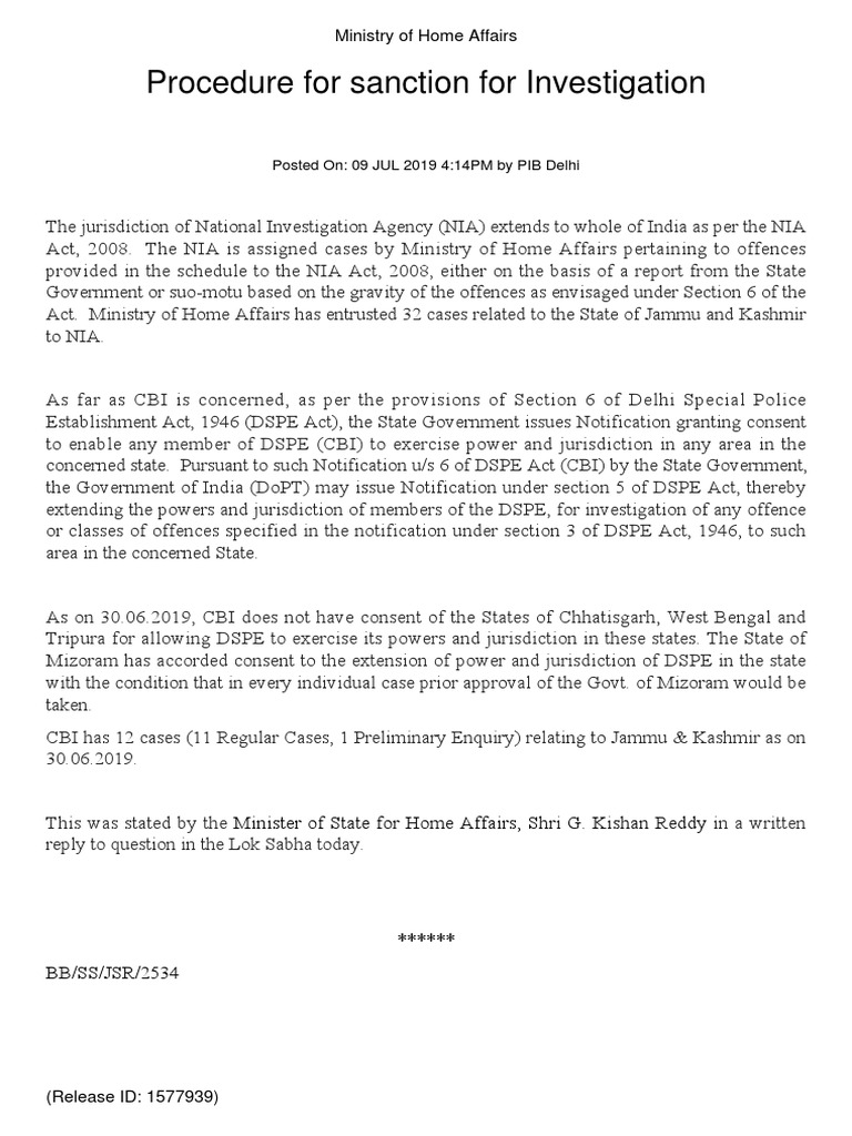 Procedure For Sanction For Investigation: Ministry of Home Affairs | PDF