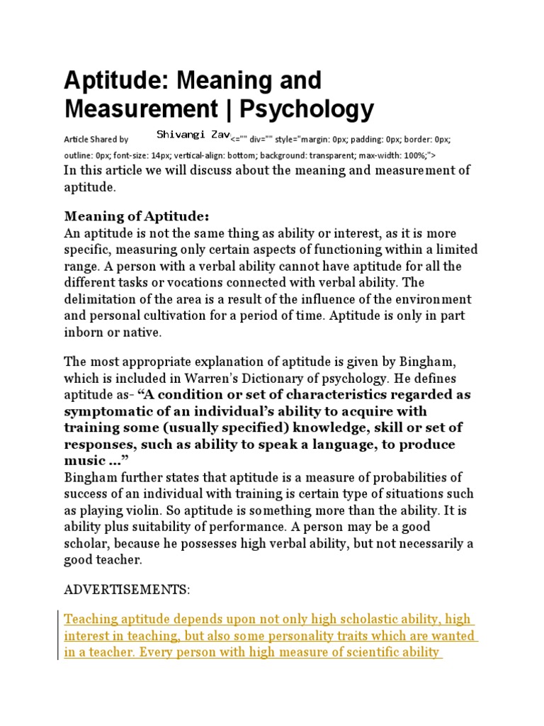 Aptitude: Meaning and Measurement - Psychology | PDF | Heredity | Test ...