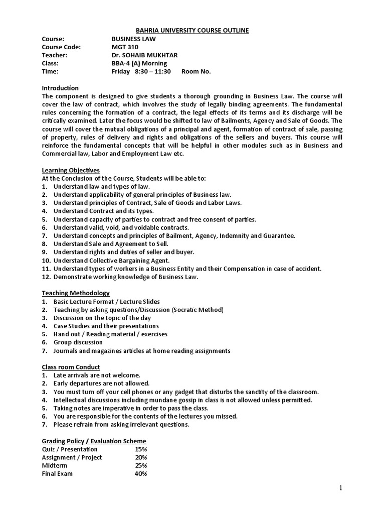 Course Outline - Business Law | PDF | Virtue | Business