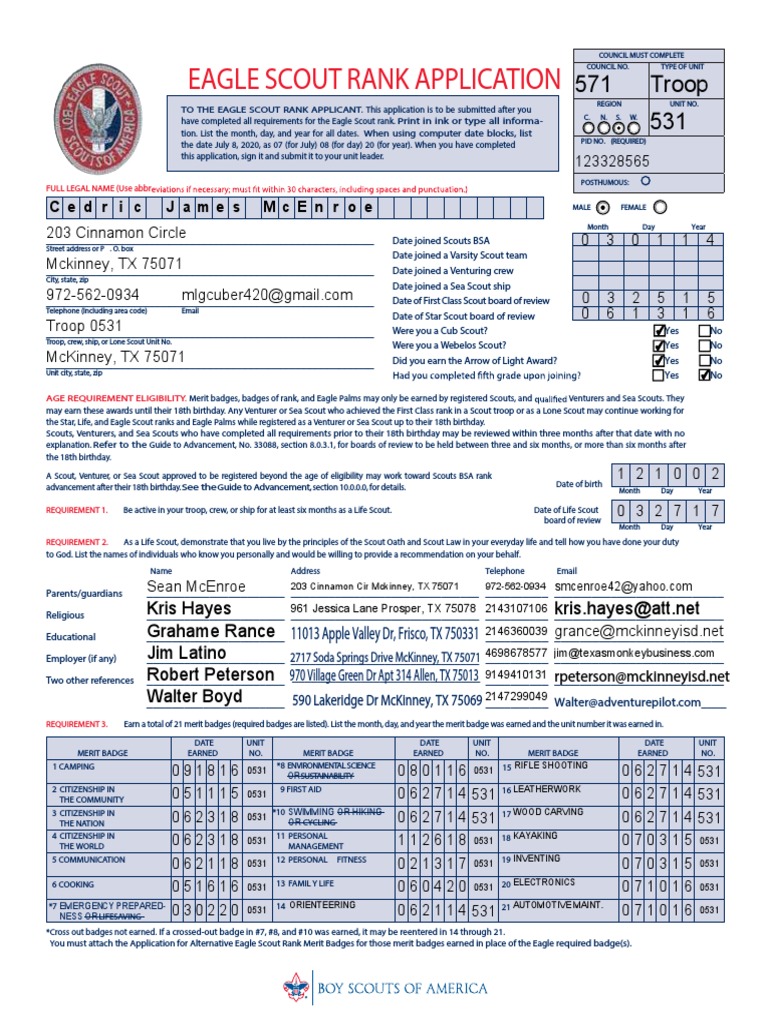 Eagle Scout Rank Application: 571 Troop 531 | PDF | Outdoor Recreation ...