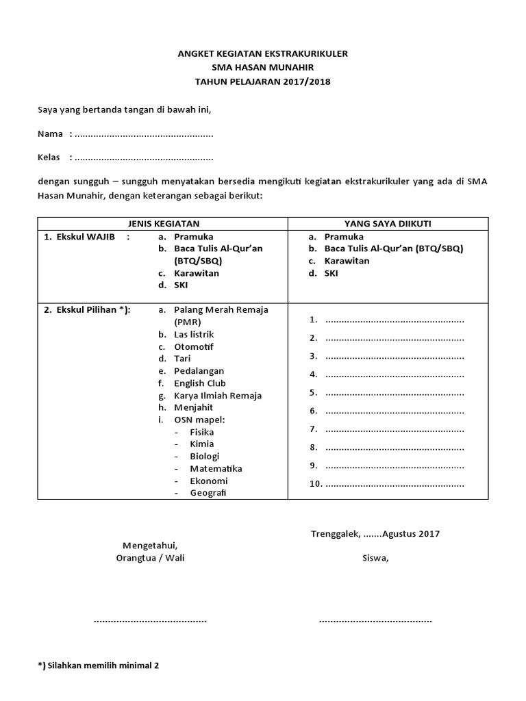 Angket Kegiatan Ekstrakurikuler | PDF