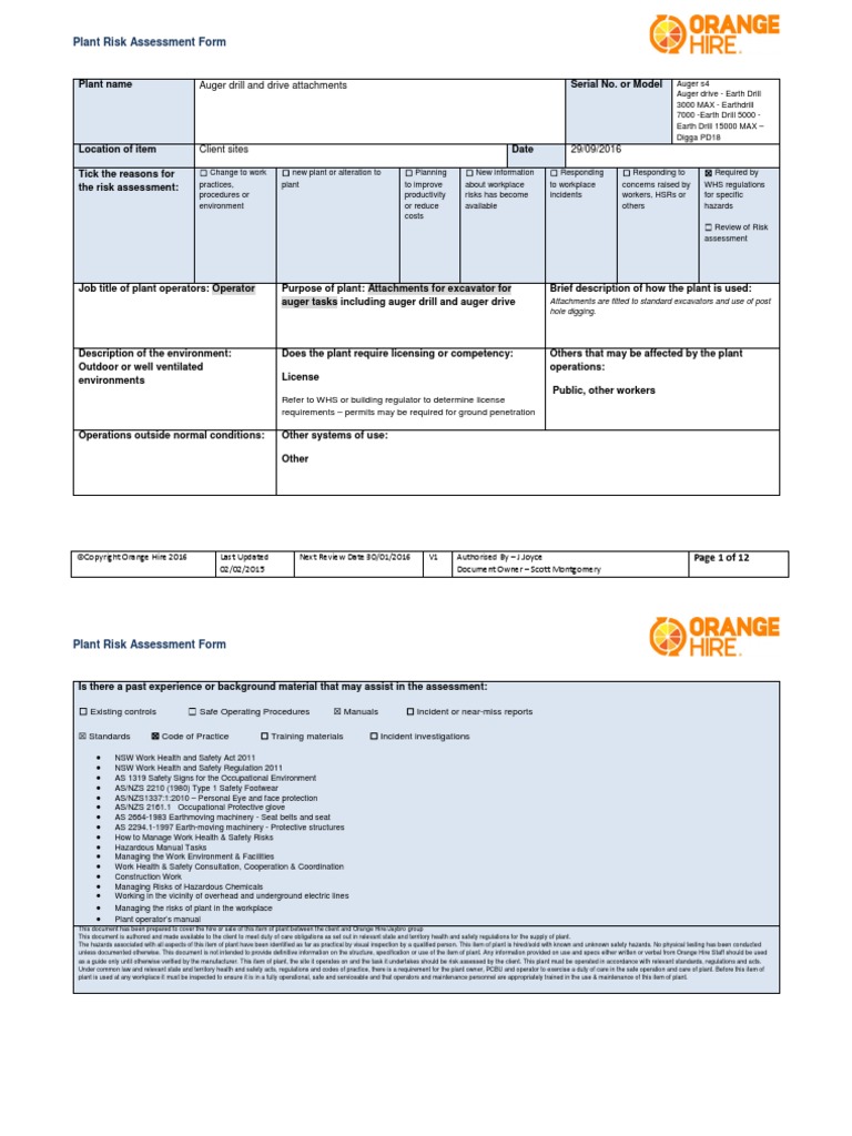 Plant Risk Assessment Form: Auger Drill and Drive Attachments ...
