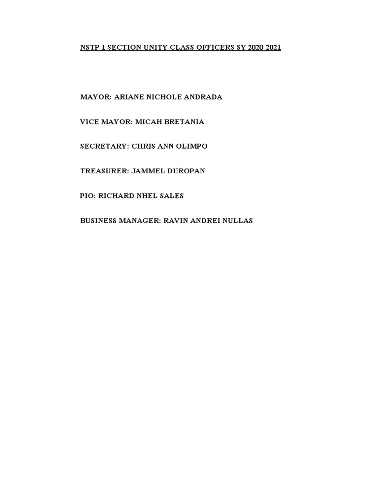 NSTP 1 Section Unity Class Officers | PDF