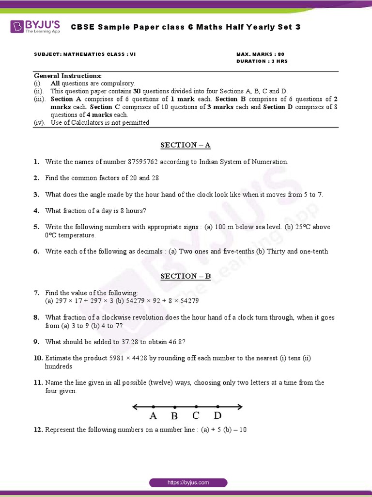 CBSE Sample Paper Class 6 Maths Half Yearly Set 3: All Questions Are ...