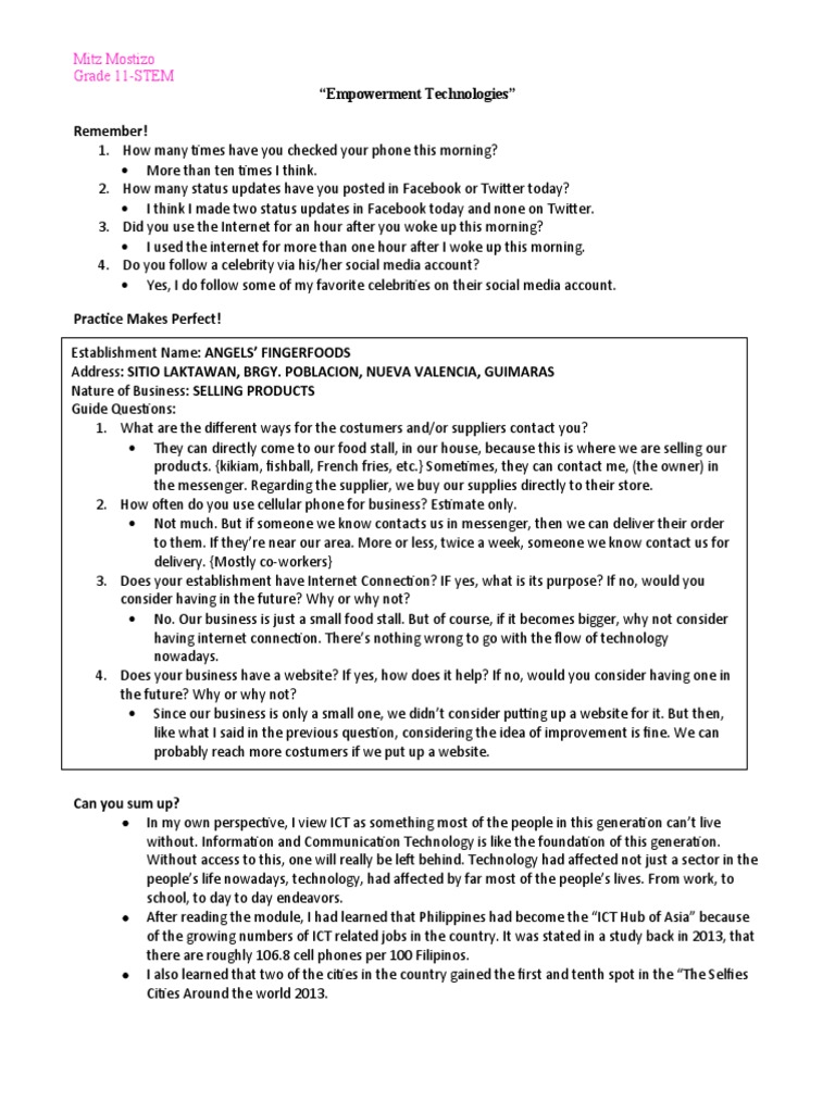 Empowerment Technology Worksheet 1 | PDF | Educational Technology ...