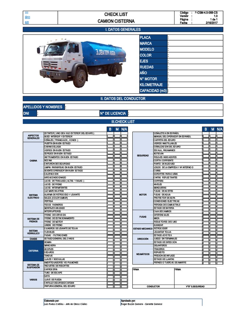 F-CSM-4.5-068-CS - Check List Cisterna | PDF | Camión | Tecnología de vehículos