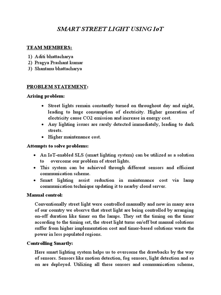 Smart Street Light Using Iot: Team Members | PDF | Street Light | Lighting