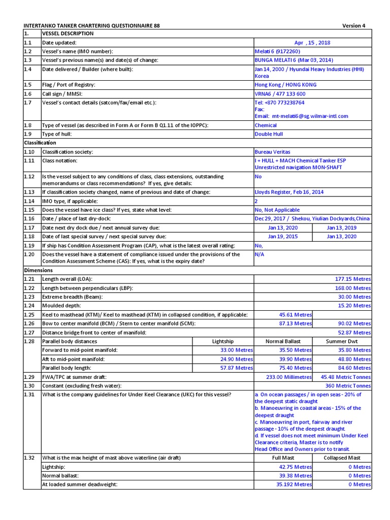 Intertanko Tanker Chartering Questionnaire 88 1. Vessel Description ...