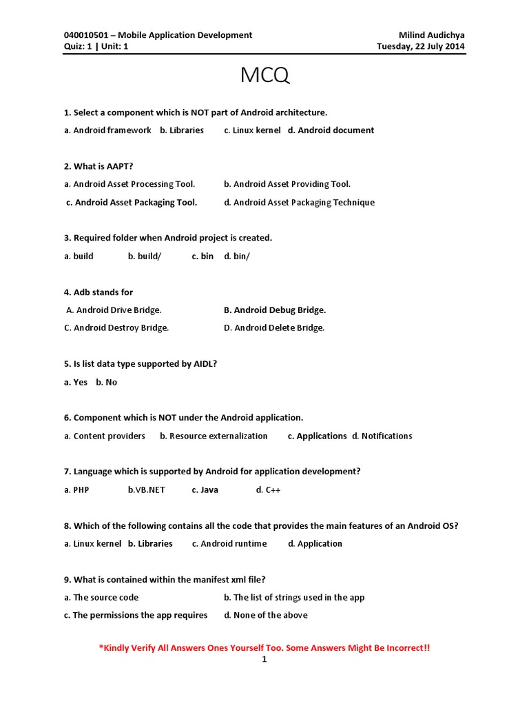 Quiz-1 23072014 040010501 - Mobile Application Development PDF | Download Free PDF | Android ...