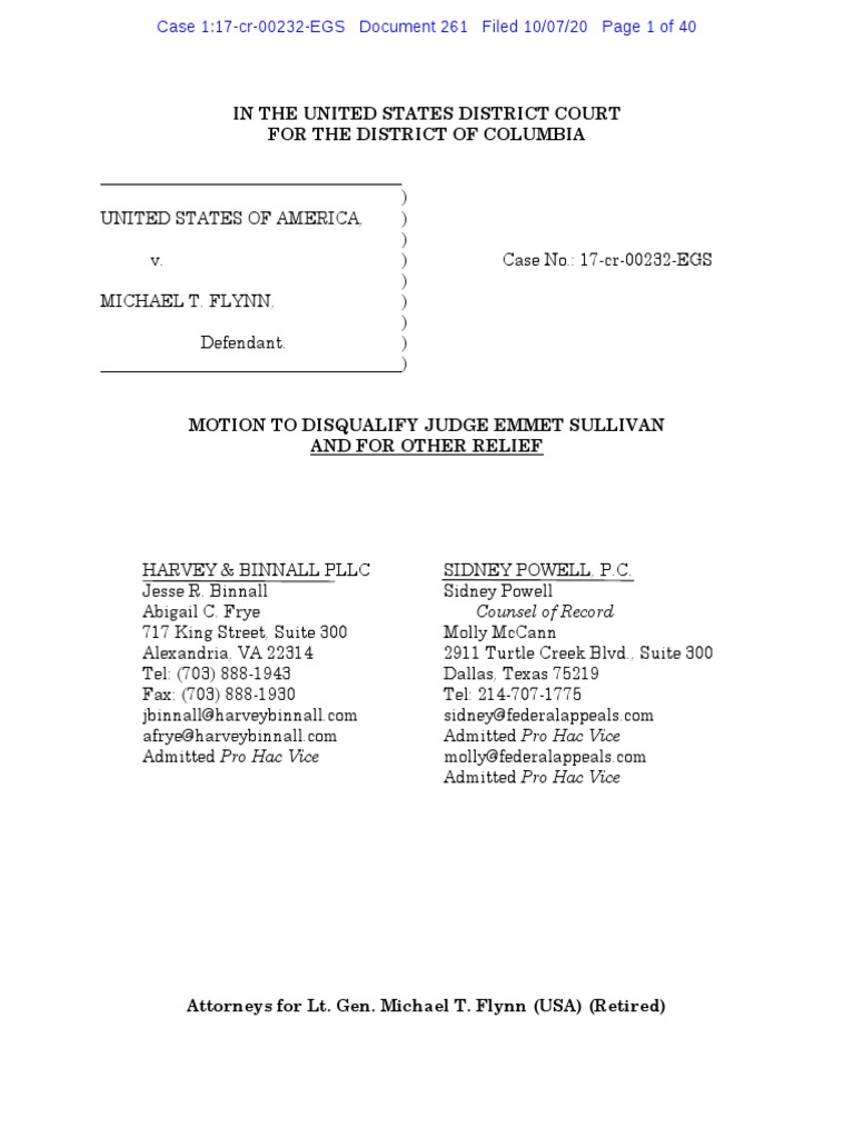 US V Flynn - Motion To Disqualify Judge Sullivan | PDF | Judicial Disqualification | Plea