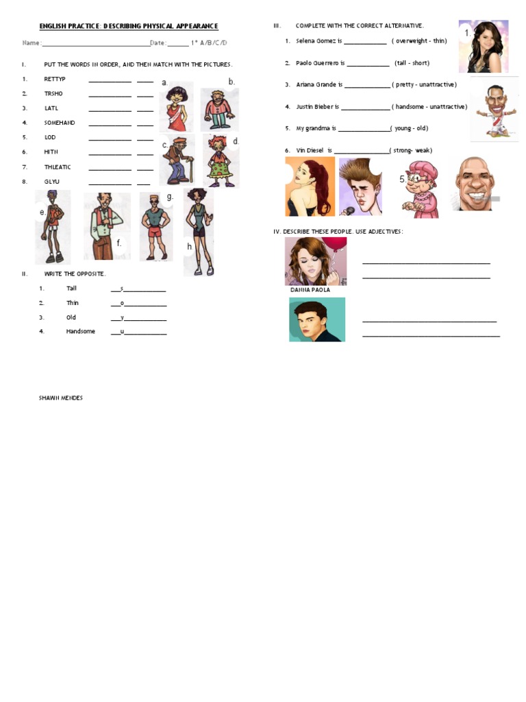 English Practice: Describing Physical Appearance: Name: - Date: - 1° A ...