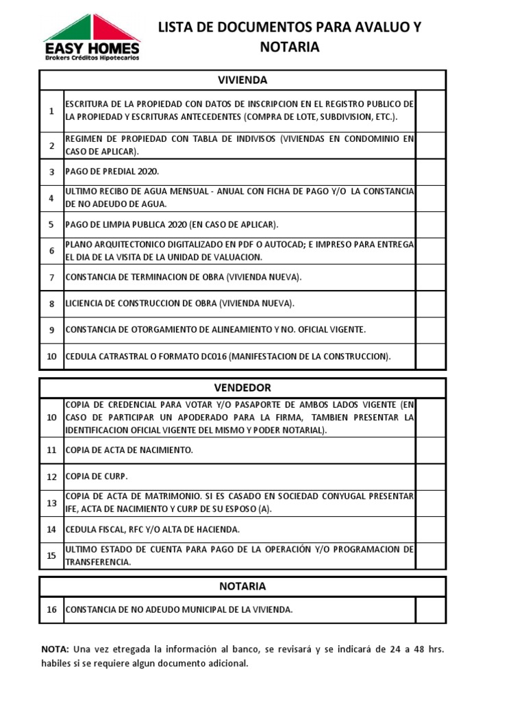 Lista de Documentos para Avaluo y Notaria 2020 | PDF