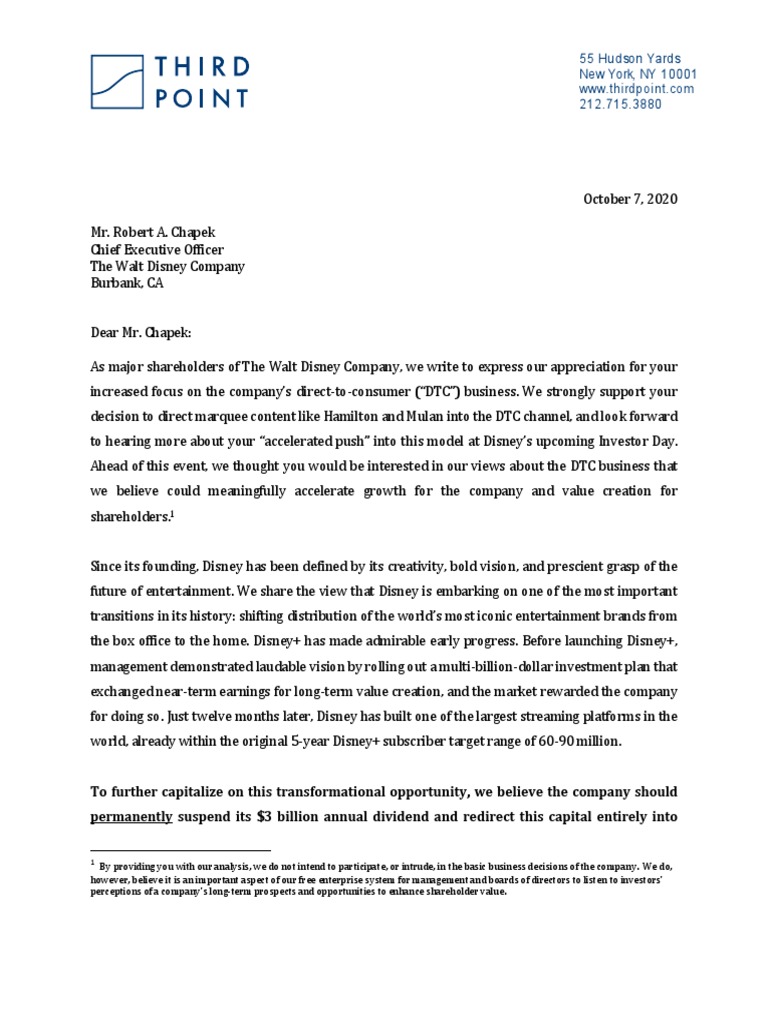 Loeb Letter to Disney | Subscription Business Model | The Walt Disney ...