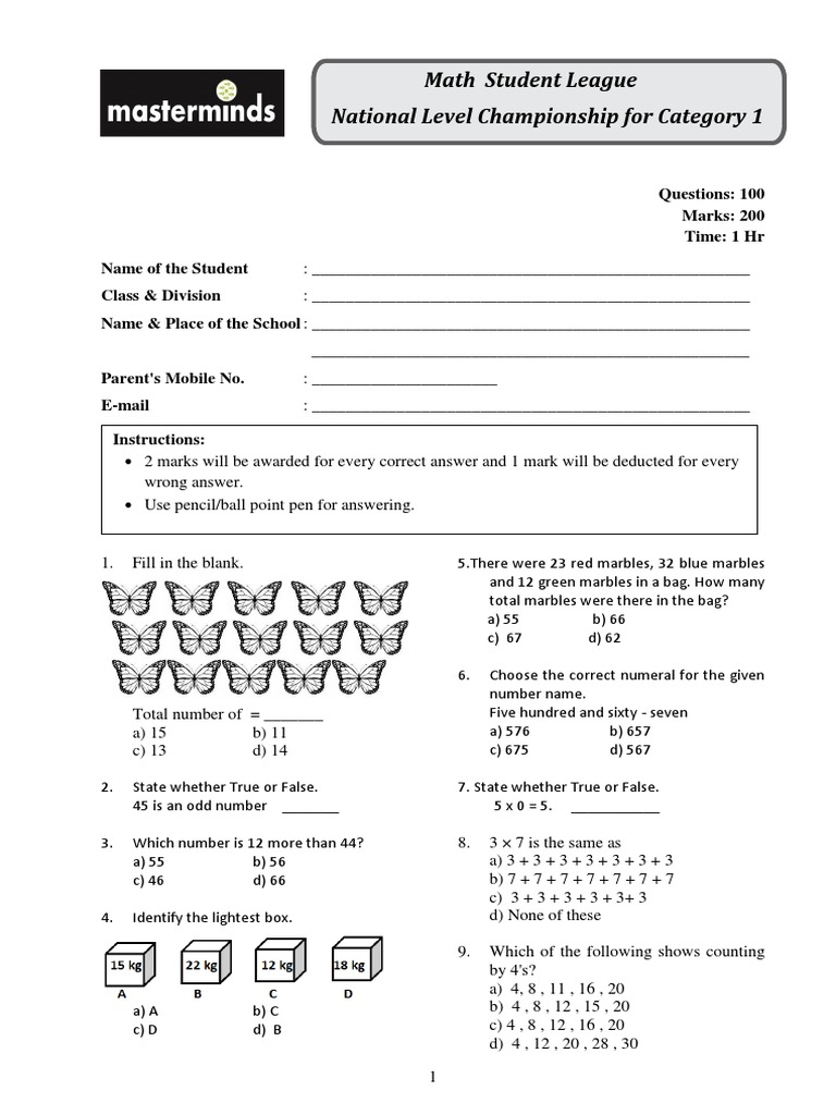 Math Student League National Level Championship For Category 1 | PDF ...