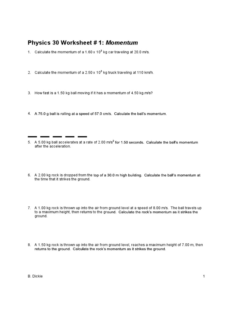Physics 30 Worksheet # 1: Momentum | PDF