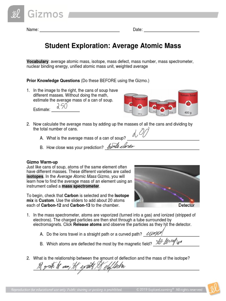 Student Exploration: Average Atomic Mass | PDF | Atoms | Isotope