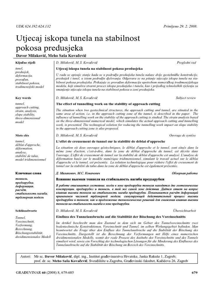 Utjecaj Iskopa Tunela Na Stabilnost Pokosa Predusjeka | PDF