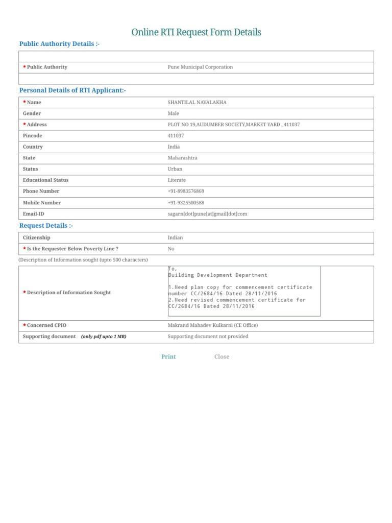 Online RTI Request Form Details | PDF