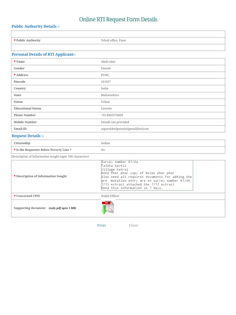 Online RTI Request Form Details | PDF