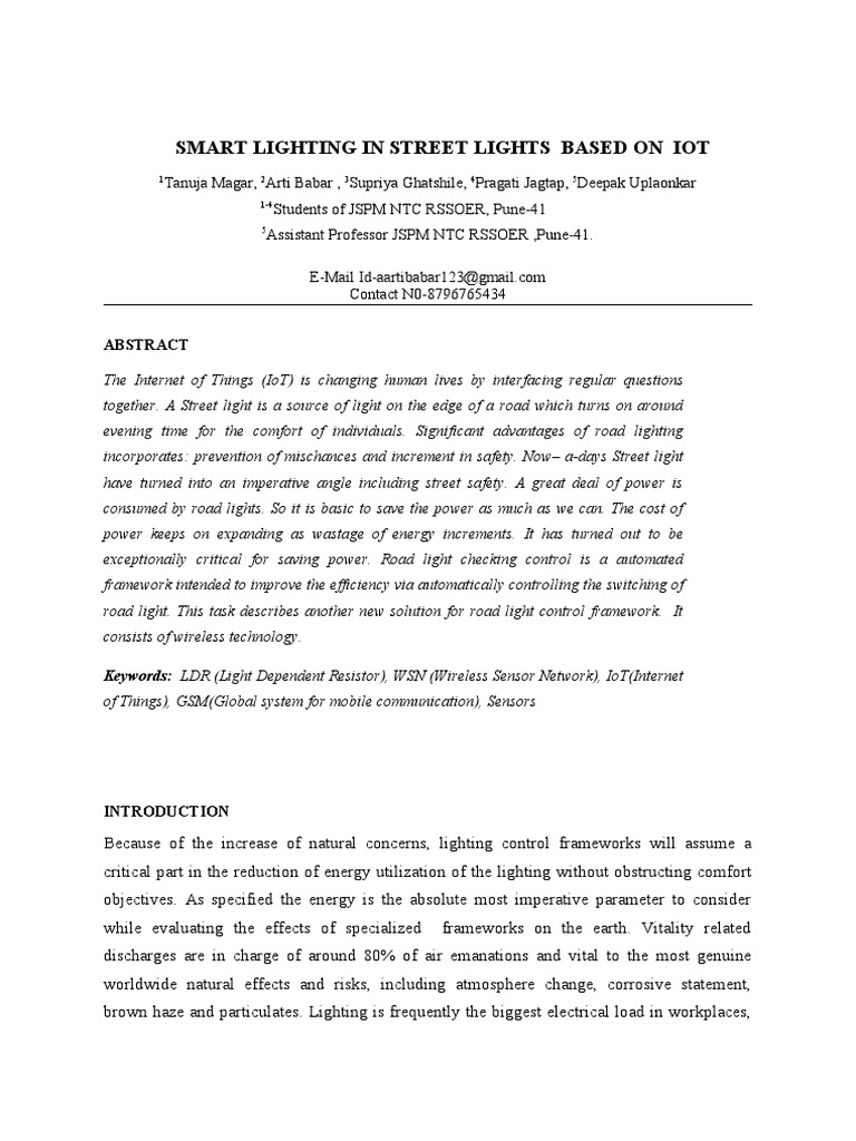 Smart Street Light Based On IOT | PDF | Street Light | Internet Of Things