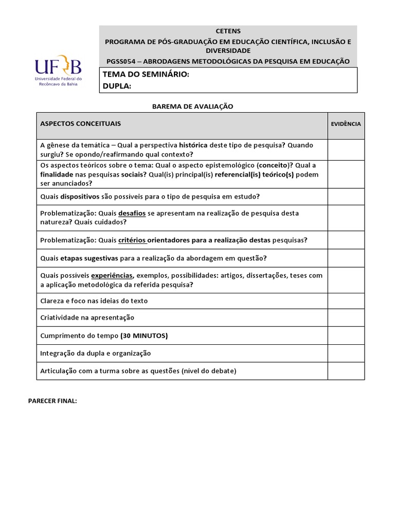 Barema de Avaliação Dos Seminários PDF | PDF