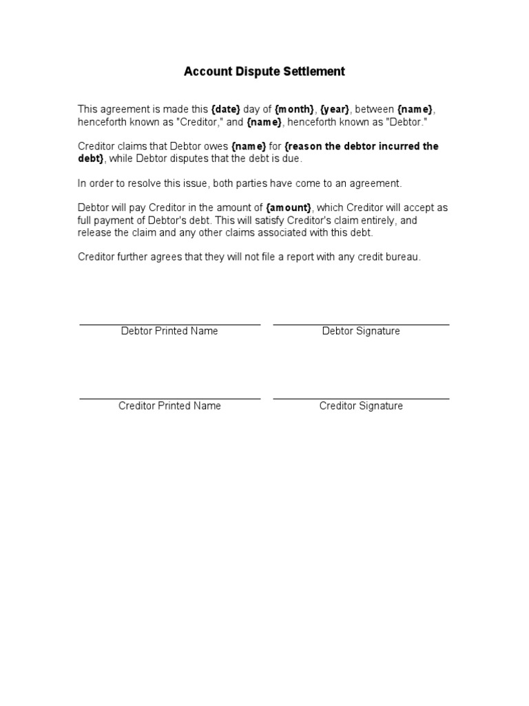 Account Dispute Settlement: Debt), While Debtor Disputes That The Debt ...