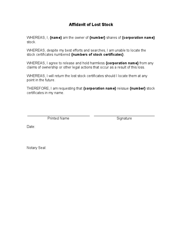 Affidavit Lost Stock | PDF