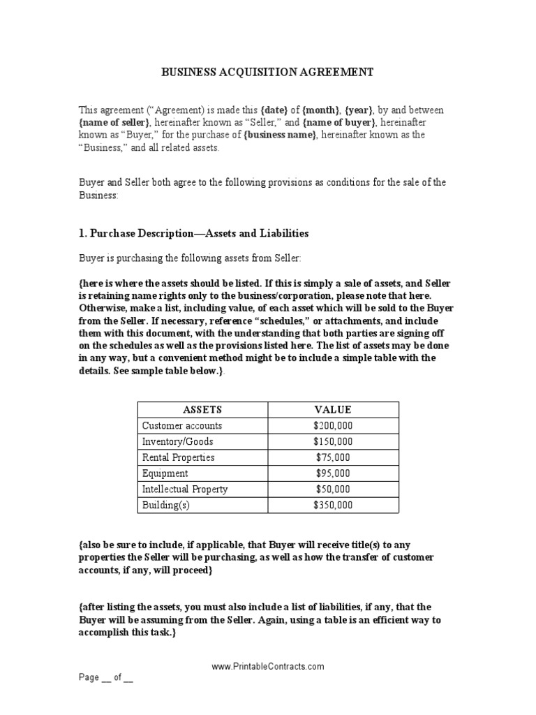 Business Acquisition Agreement Template | PDF | Indemnity | Sales