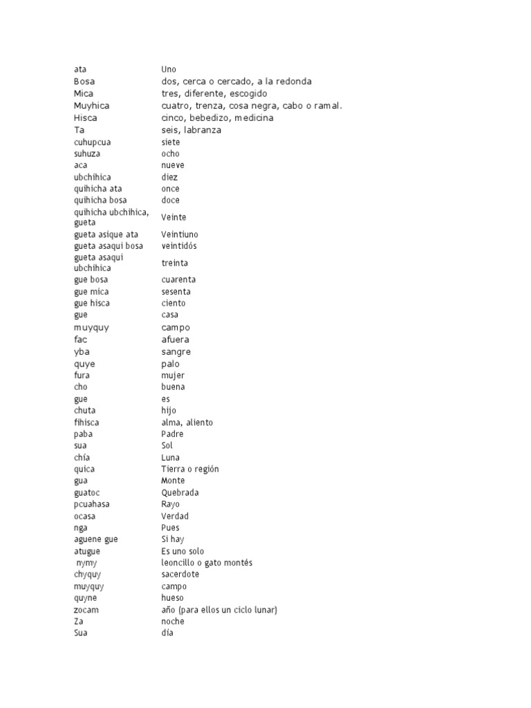 Vocabulario Chibcha | PDF | Andes | Colombia