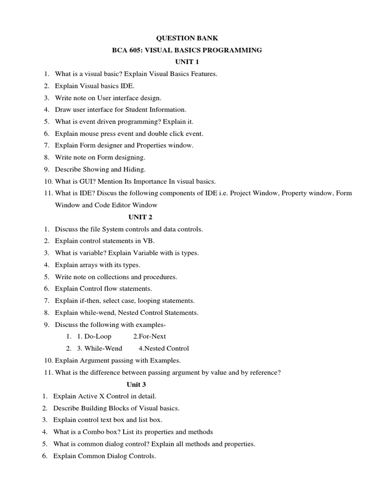 Question Bank Bca 605: Visual Basics Programming Unit 1 | Download Free ...
