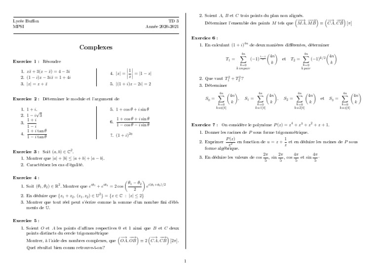 TD3 Complexes PDF | PDF | Nombre complexe | Analyse complexe