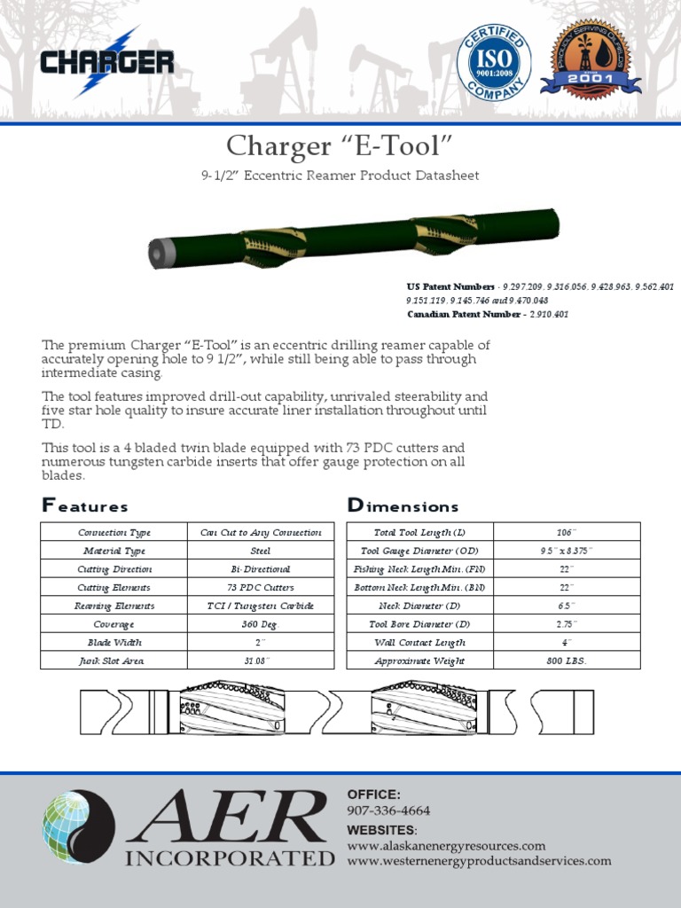 Charger "E-Tool": 9-1/2" Eccentric Reamer Product Datasheet | PDF