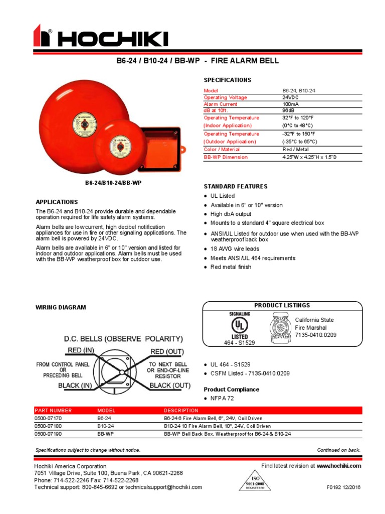 B6-24 / B10-24 / BB-WP - Fire Alarm Bell: Specifications | PDF ...
