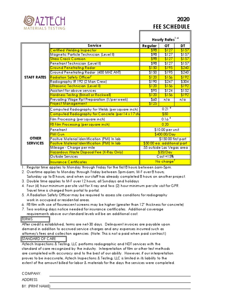 2020 NDT Fee Schedule AMT | PDF | Nondestructive Testing | Radiography
