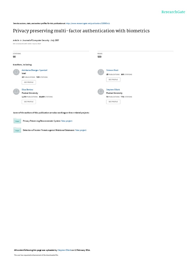 Privacy Preserving Multi-Factor Authentication Wit PDF | PDF | Biometrics | Authentication