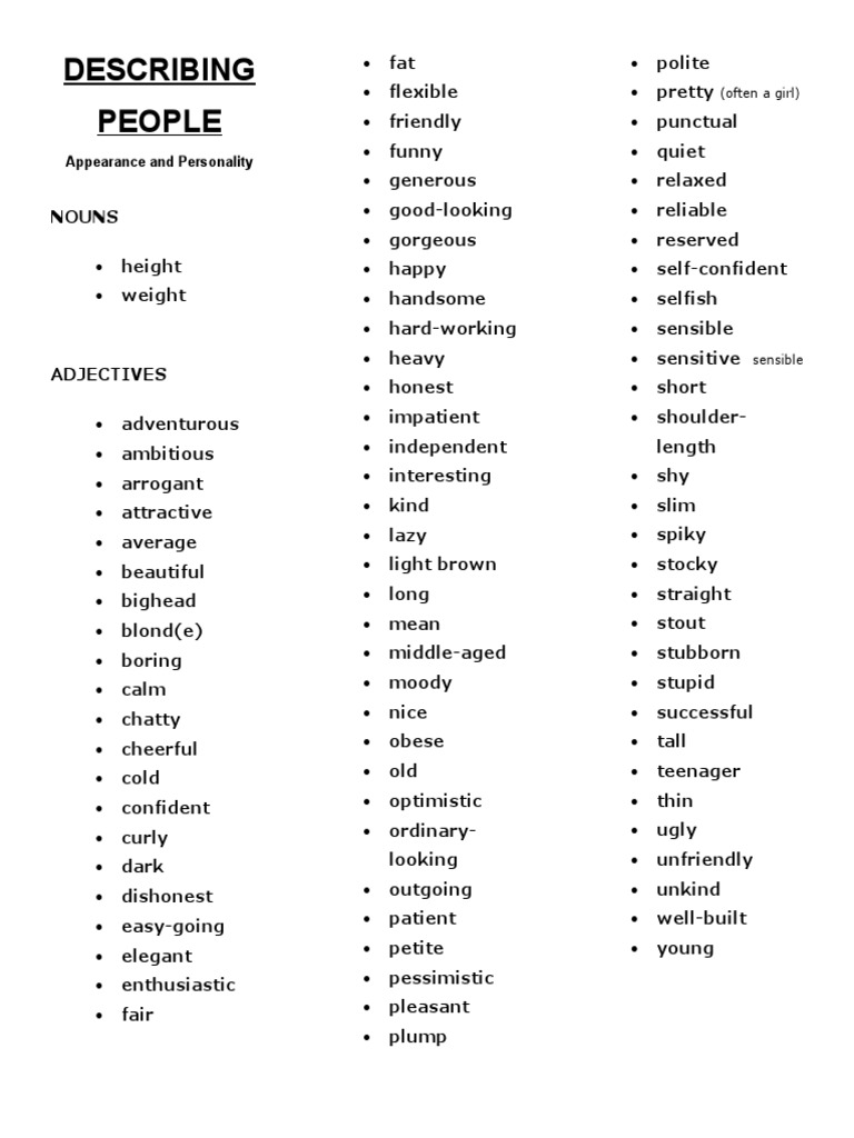Adjectives for Appearance and Personality | PDF