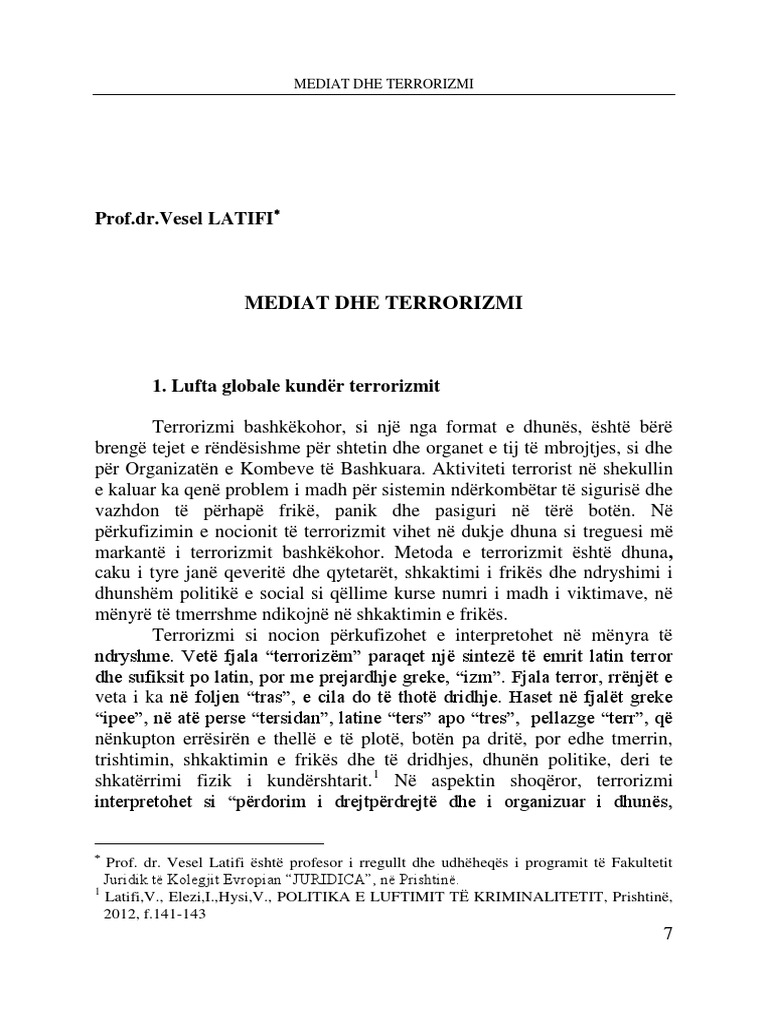 Dr. Vesel LATIFI Mediat Dhe Terrorizmi | PDF