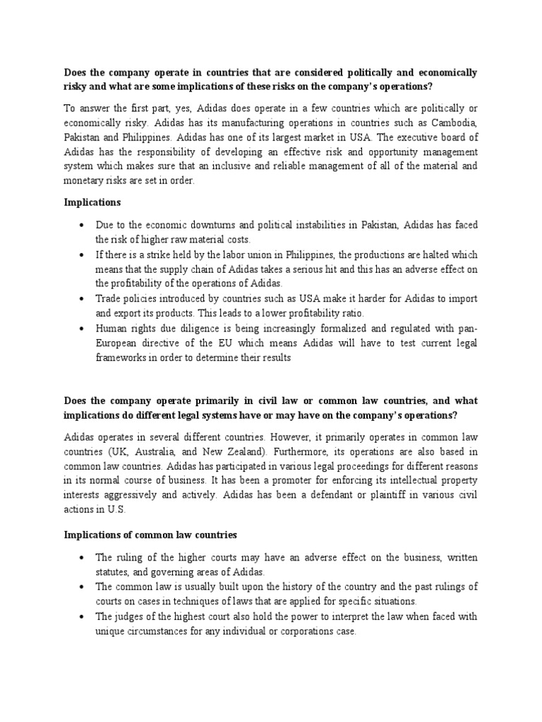 Adidas' Operations in Politically and Economically Risky Countries ...