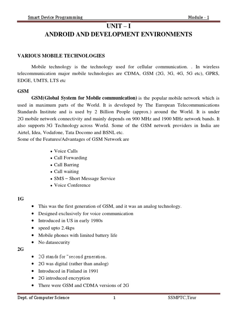 Unit - I Android and Development Environments: Various Mobile ...