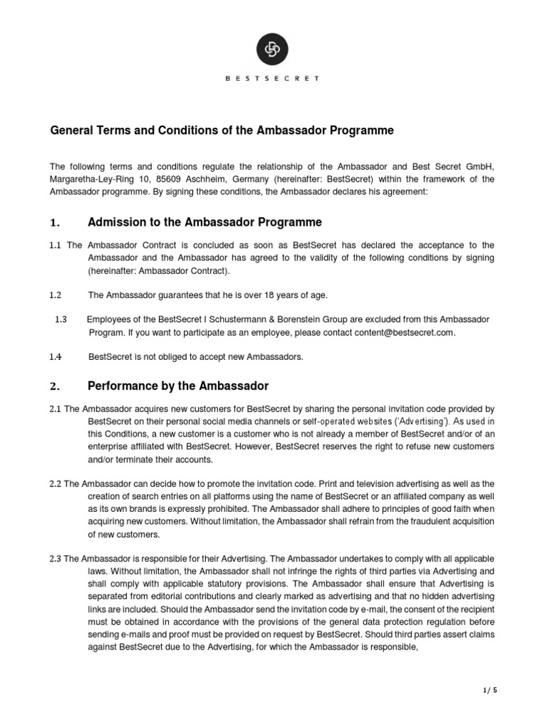 General Terms and Conditions of The Ambassador Programme | Download ...