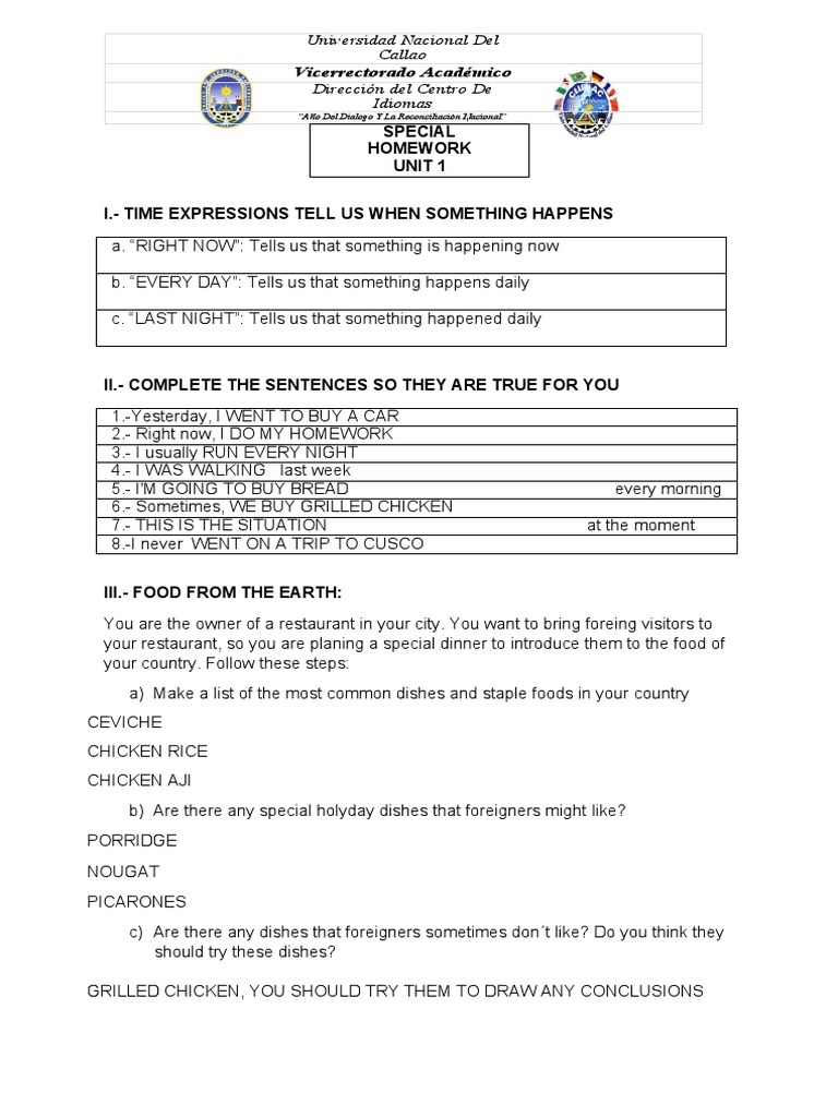 Special Homewor Unit 1 and 2 | PDF | Food And Drink | Foods
