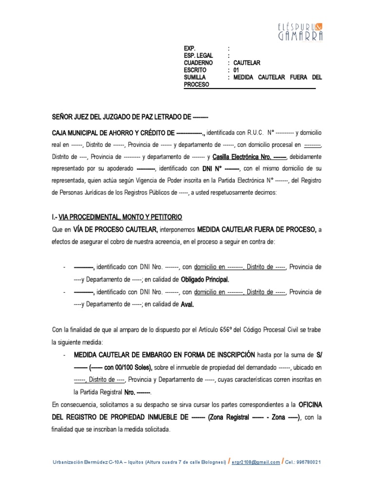 Solicitud de medida cautelar de embargo preventivo sobre inmueble para ...
