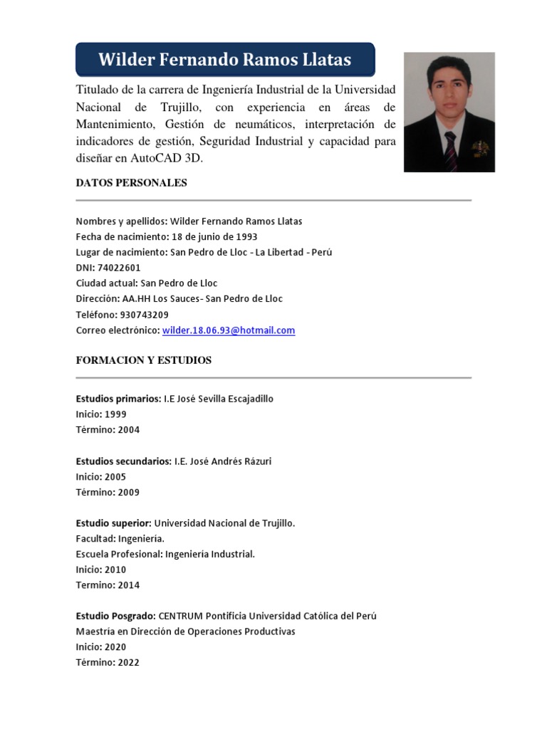 Curriculum Vitae - Wilder Fernando Ramos Llatas | PDF | Neumático | Presupuesto