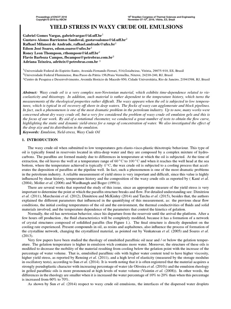 Yield Stress in Waxy Crude Oil Emulsions | PDF | Emulsion | Rheology